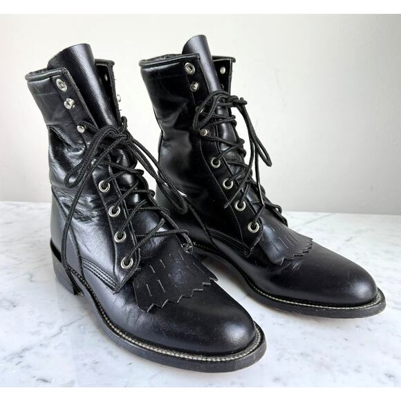 Justin Boots | Shoes | Vintage Justin Black Leather Laceup Roper Boots ...